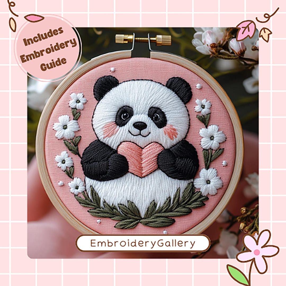 Romantic Panda Hand Embroidery Pattern: Love Heart Design (PDF Template ...