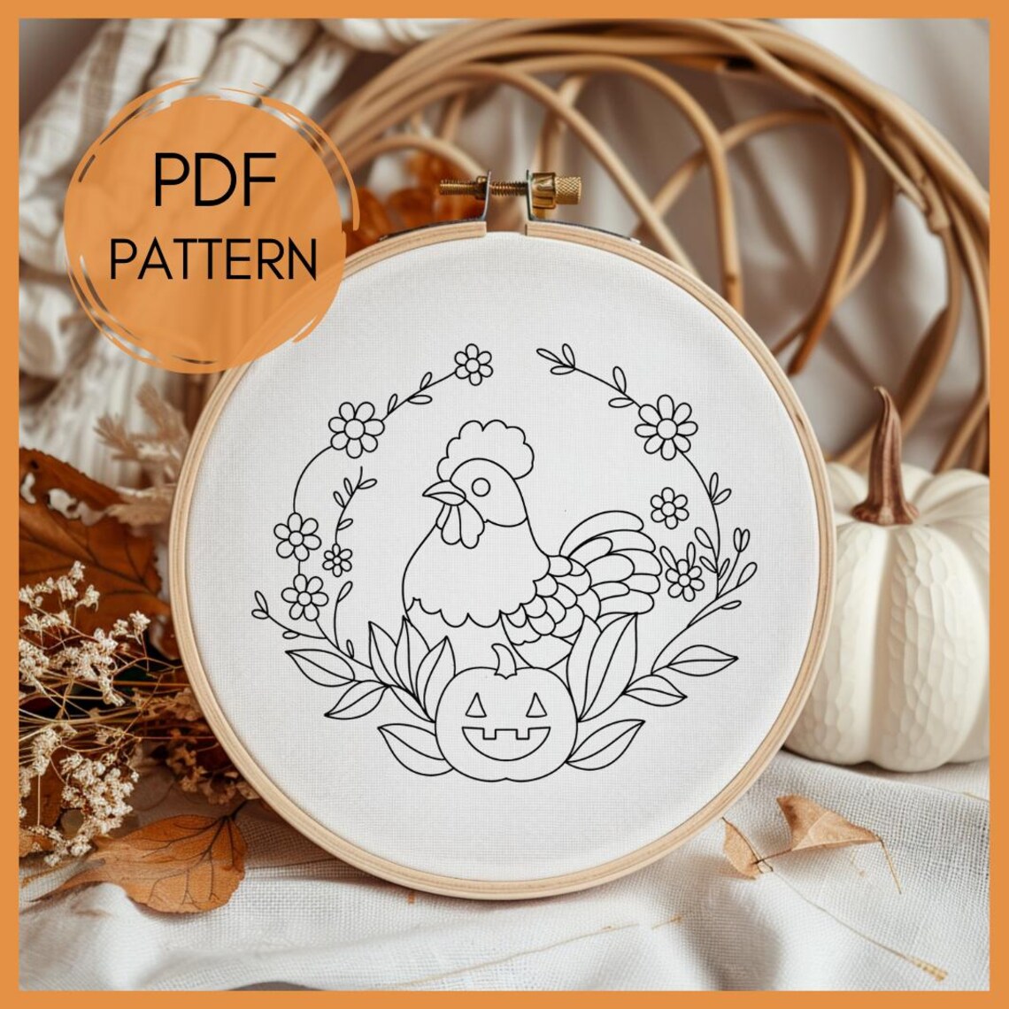 Hen & Pumpkin Embroidery Pattern: Fall Thanksgiving Halloween Design ...