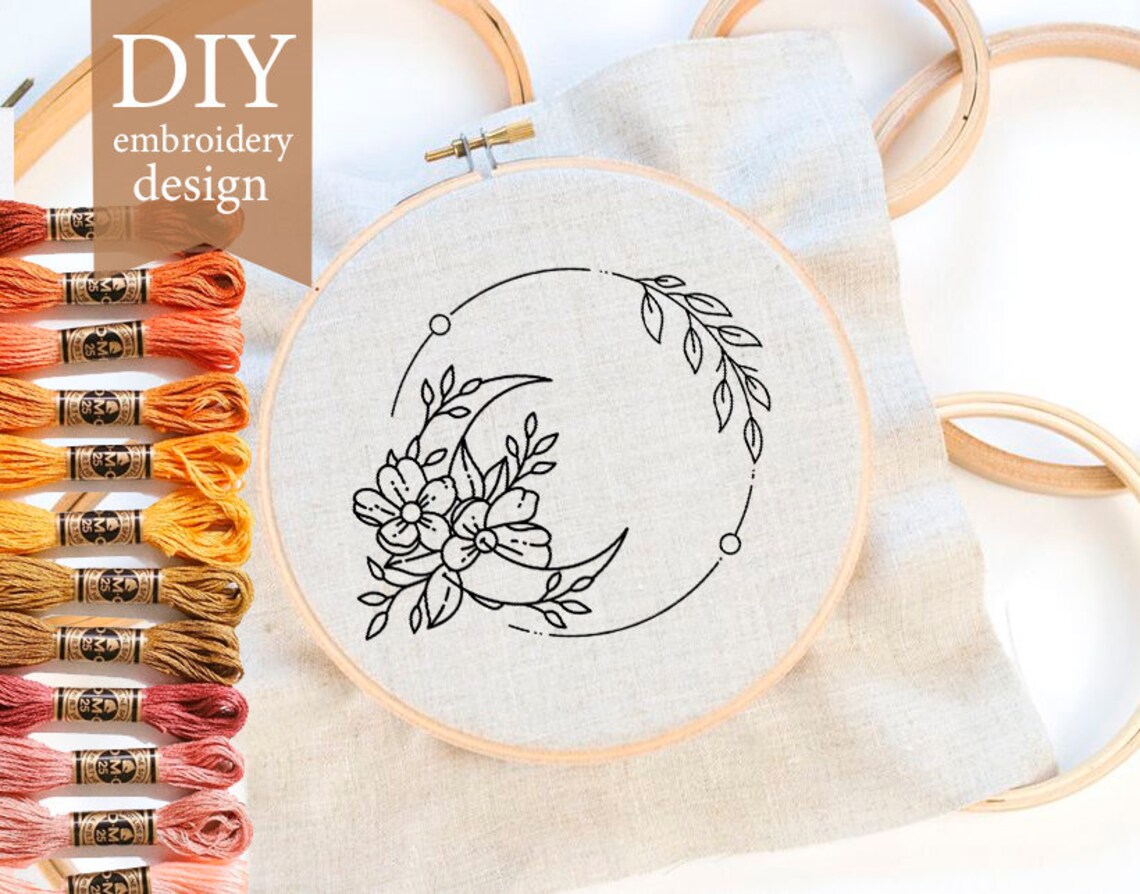 One Line Embroidery Stitch Art Moon and Leaves - Etsy