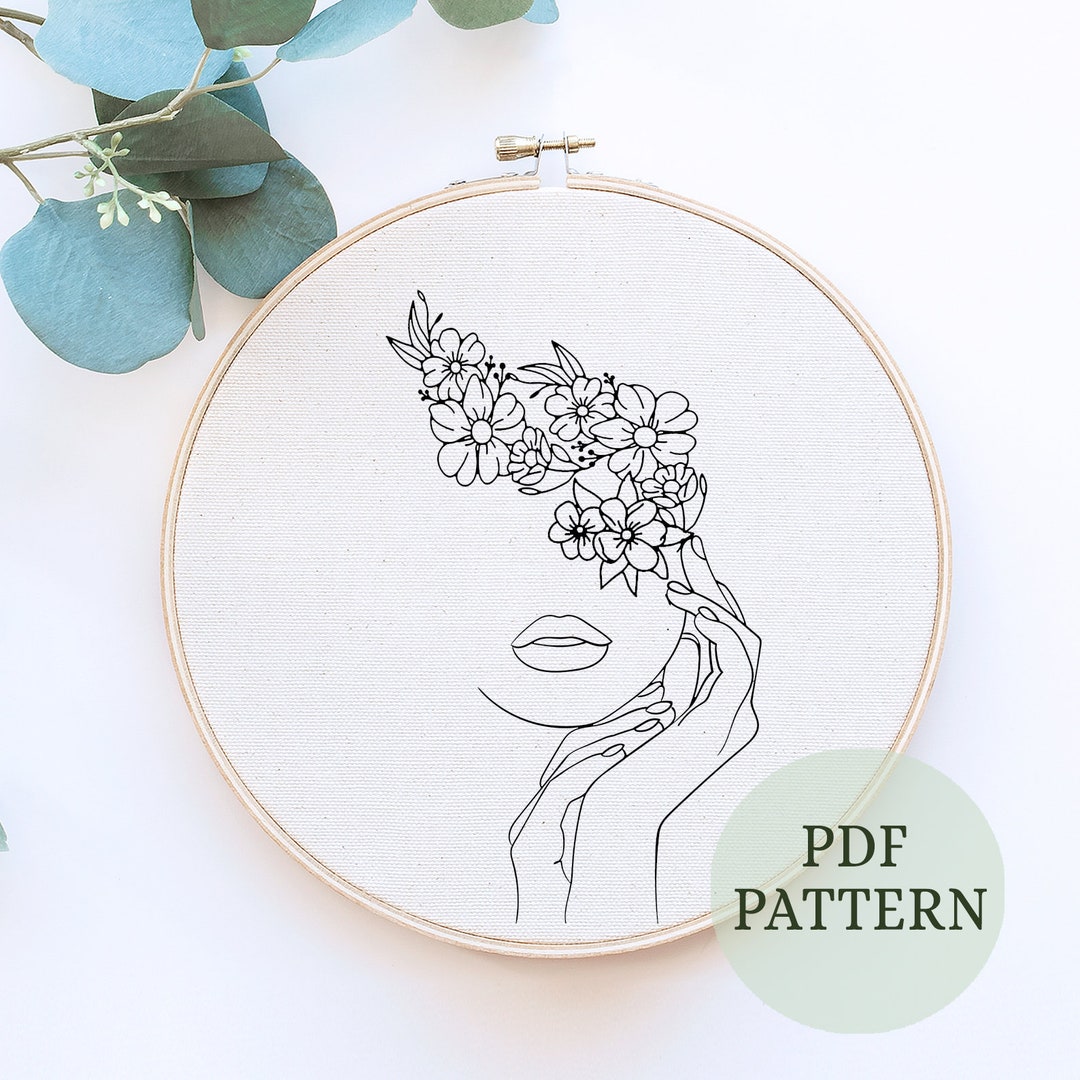 Feminist Line Art Embroidery Pattern: Floral Woman DIY (digital ...