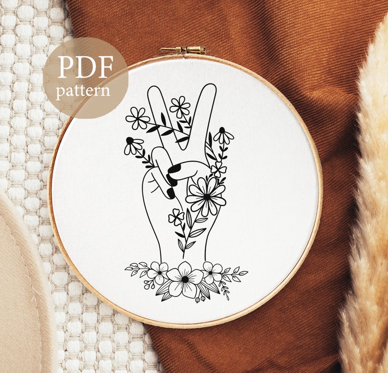 Peace Fingers Sign With Flowers Hand Embroidery Design One - Etsy