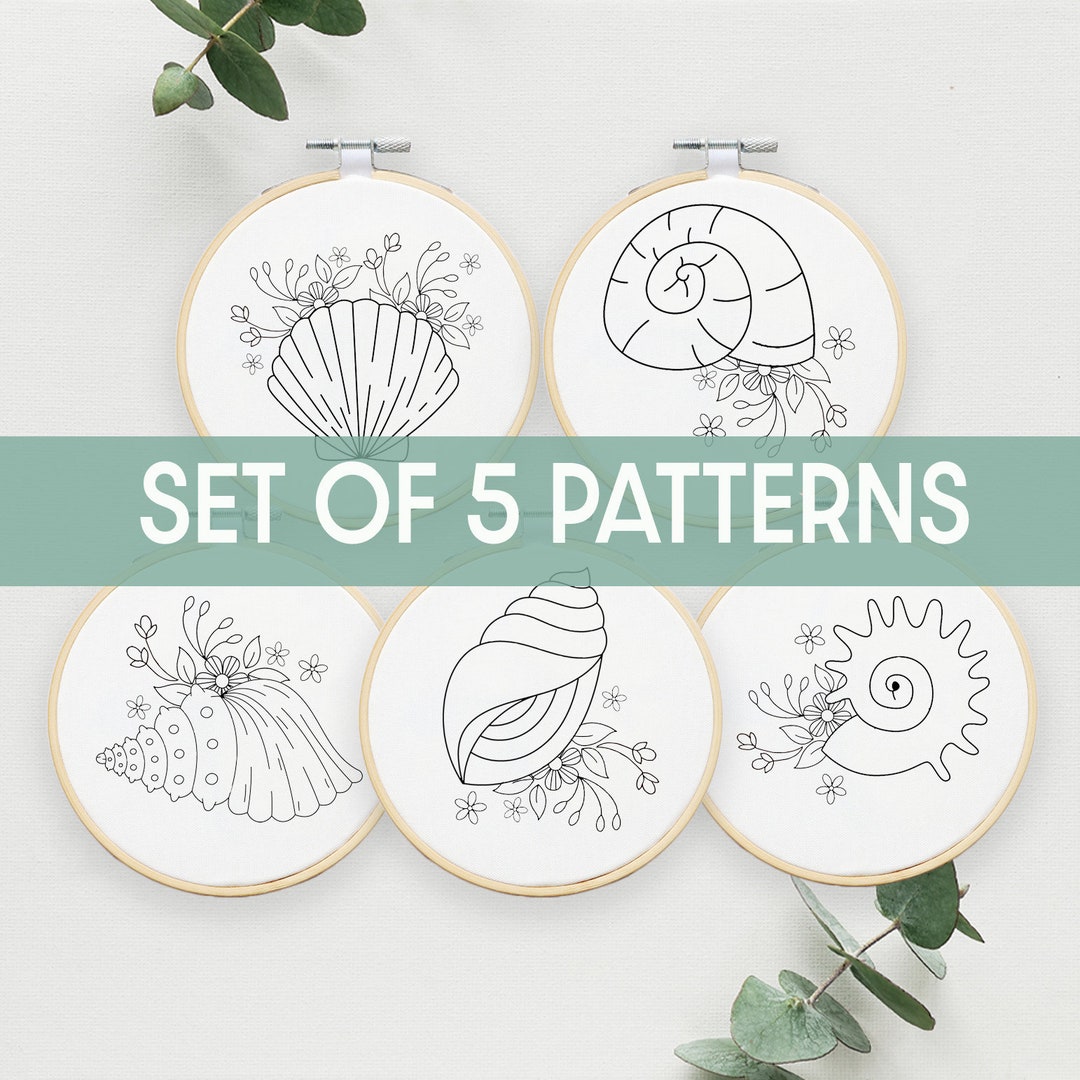 Set of 5 Shell Embroidery Pattern, Instant Download Beach Lover, Plants ...