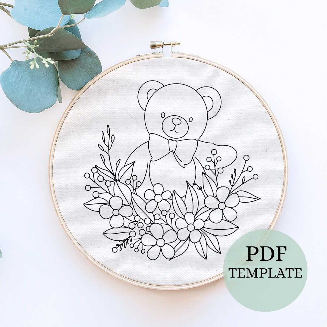 Teddy Bear Embroidery Pattern, Cute Bear Hand Embroidery Pattern, Kids ...