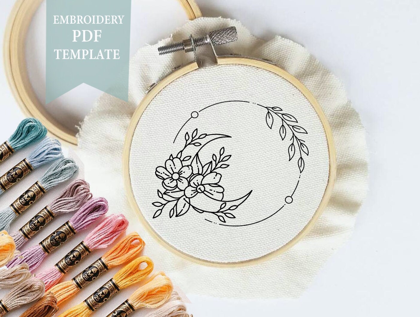 One Line Embroidery Stitch Art Moon and Leaves - Etsy