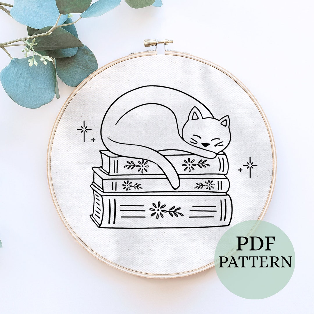 Cat and Book Embroidery Pattern: Reading Nook Hoop Art (PDF Pattern) - Etsy