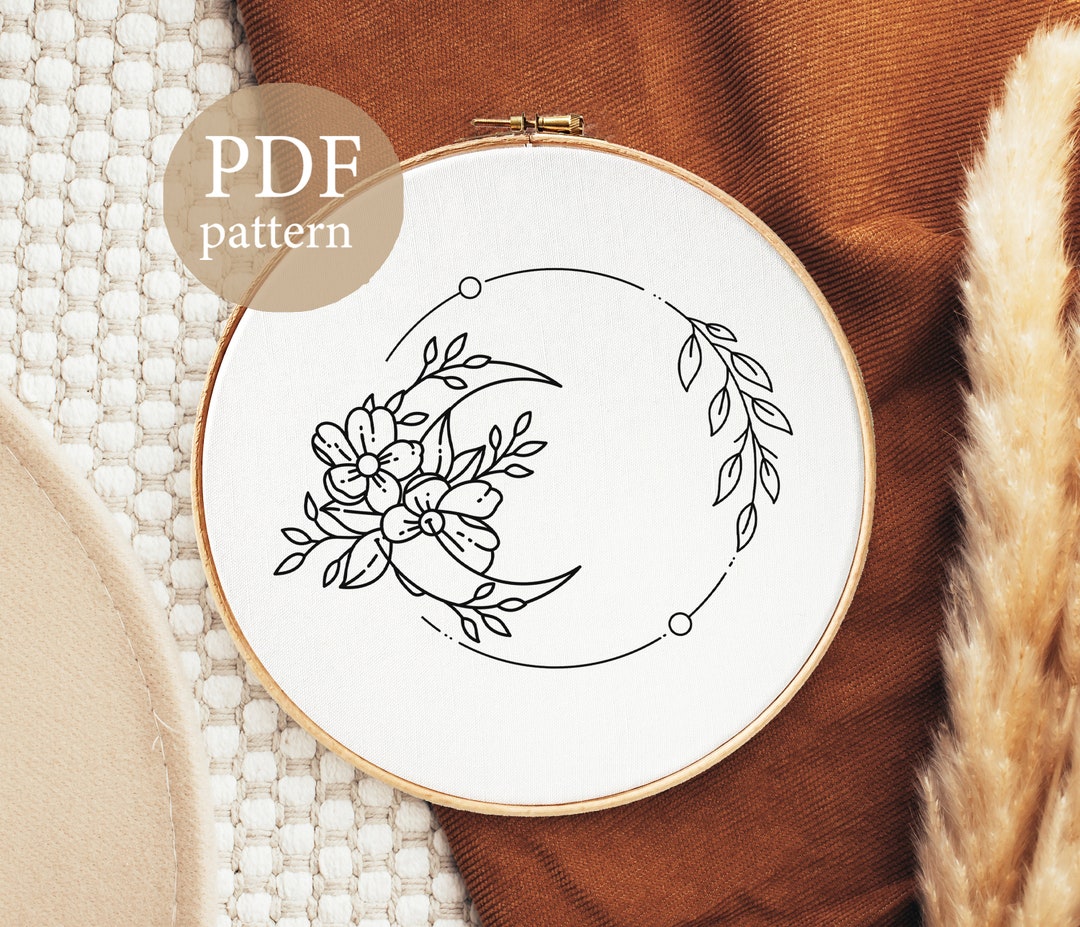 One Line Embroidery Stitch Art Moon and Leaves - Etsy