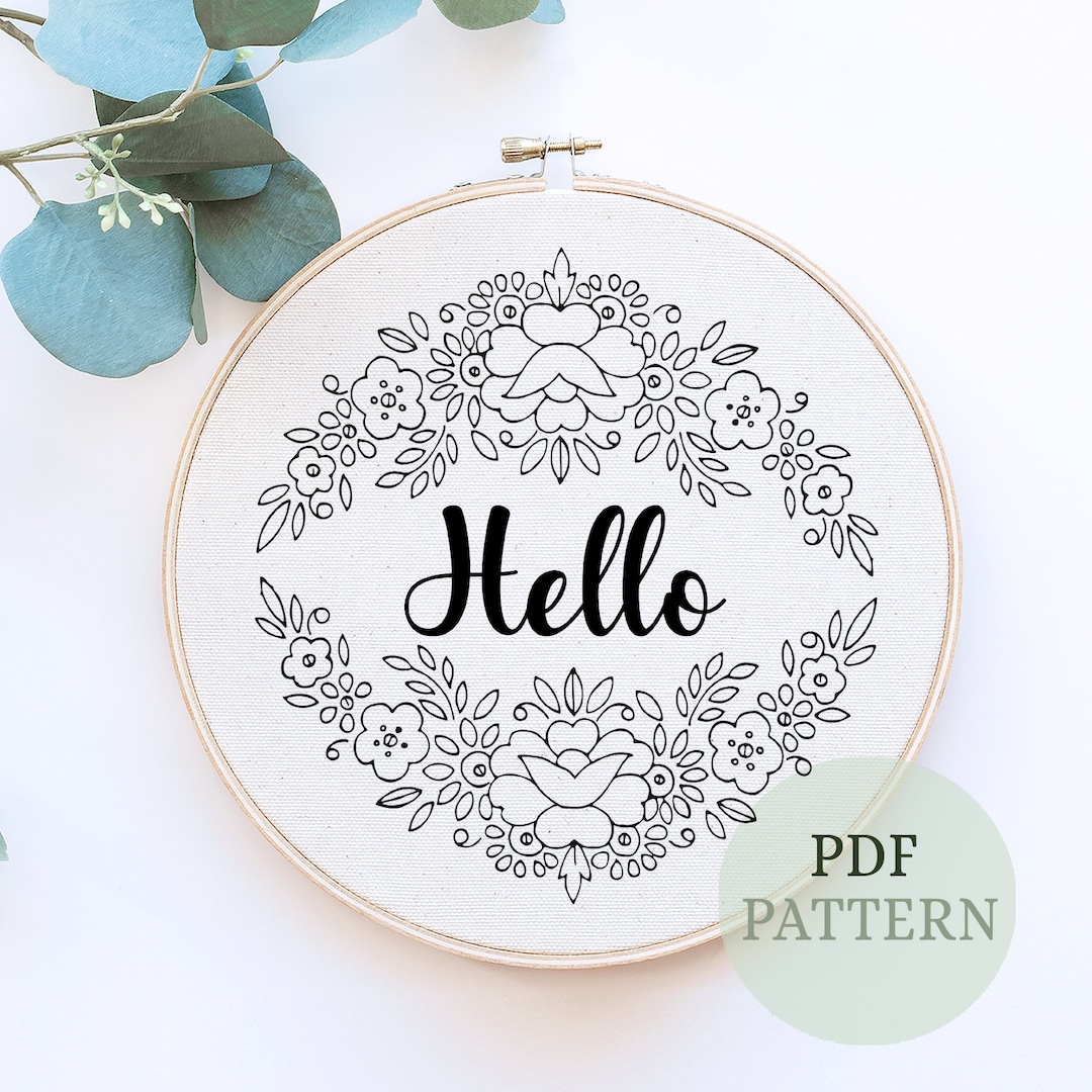 Hello Hand Embroidery Pattern: Floral Wreath Design, Slow Craft (PDF ...