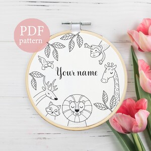 Animal Embroidery Hoop, Personalized Gift, Floral Name Embroidery, Hand ...