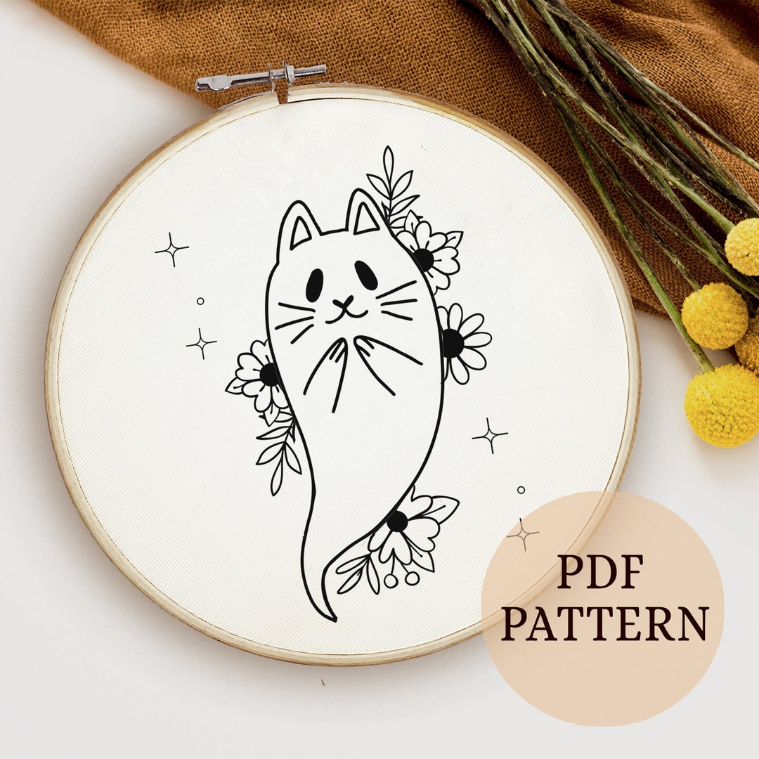 Ghost Cat Embroidery Pattern, Cute Halloween Cat Embroidery Art, Spooky ...