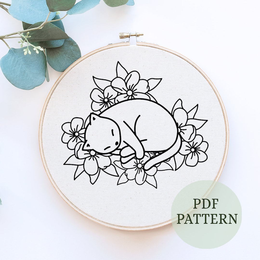 Flowers and Cat Embroidery, Hand Embroidery Pattern, PDF Pattern ...