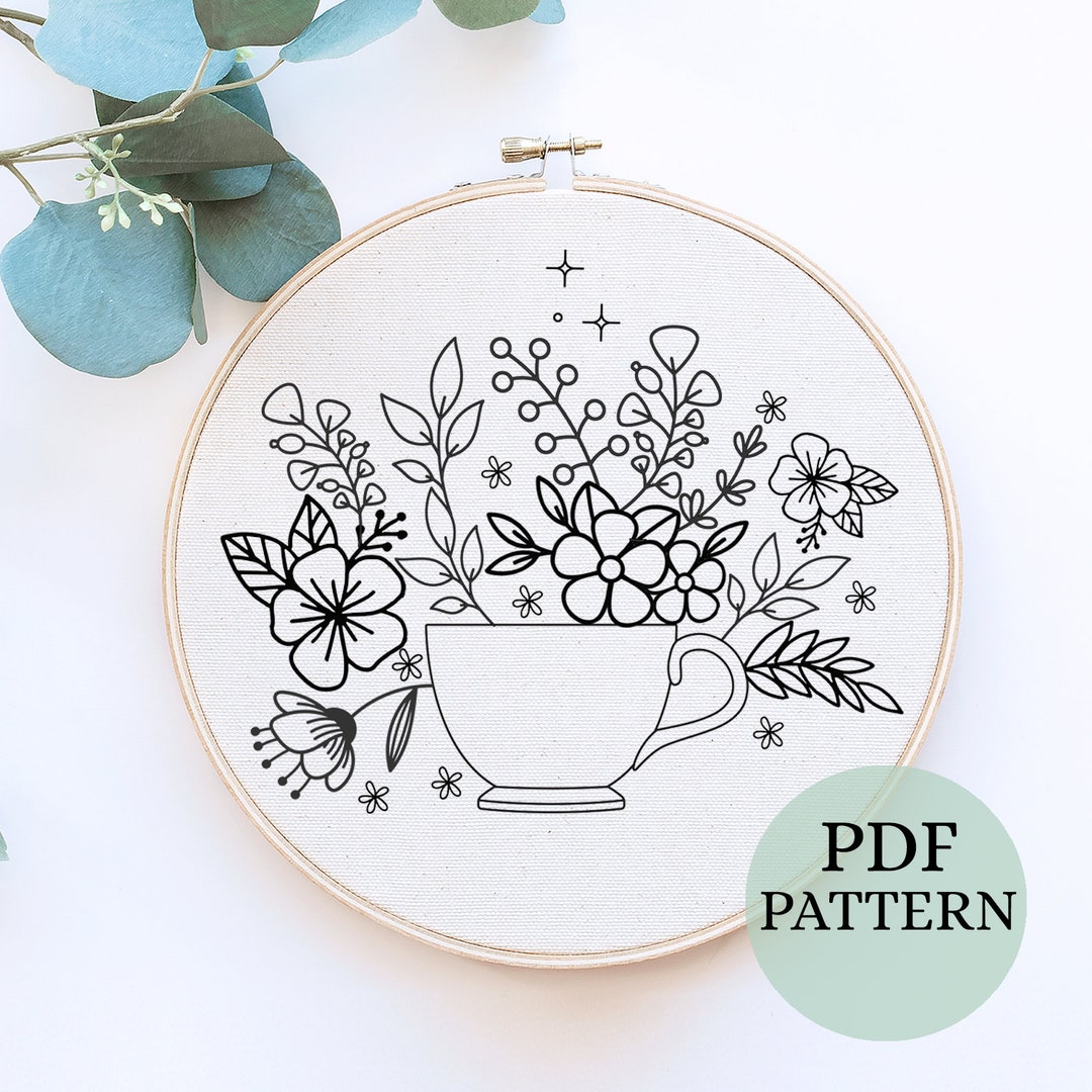 Flower Tea Set Embroidery Pattern, Tea Cup Hand Embroidery, Instant ...