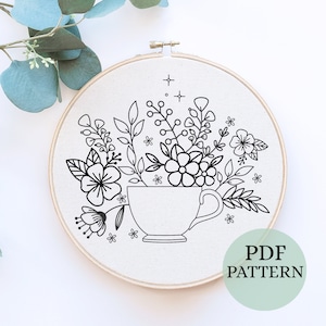 Flower Tea Set Embroidery Pattern, Tea Cup Hand Embroidery, Instant ...