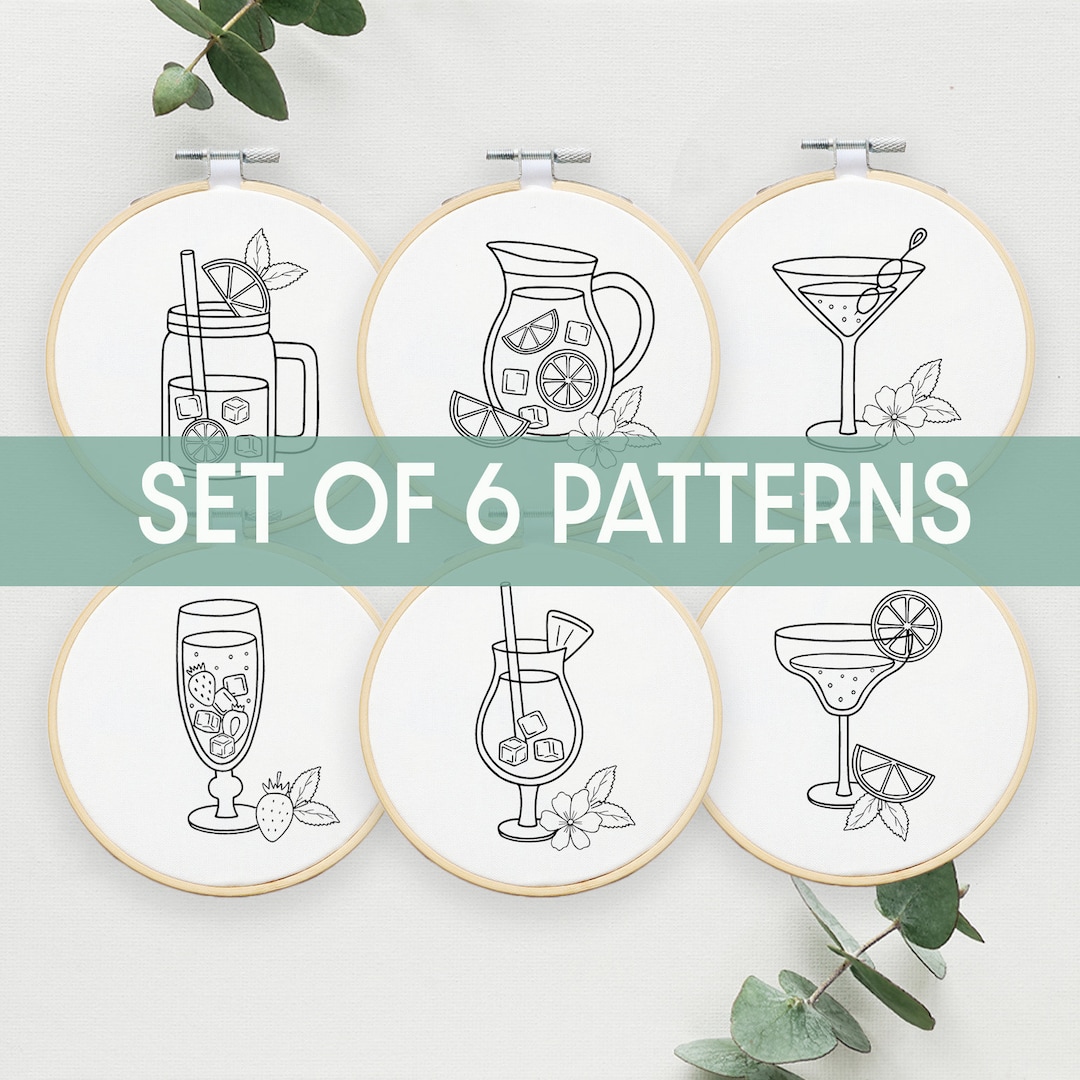 Cocktail Embroidery Pattern: Summer Drinks, Citrus Design (PDF Pattern ...