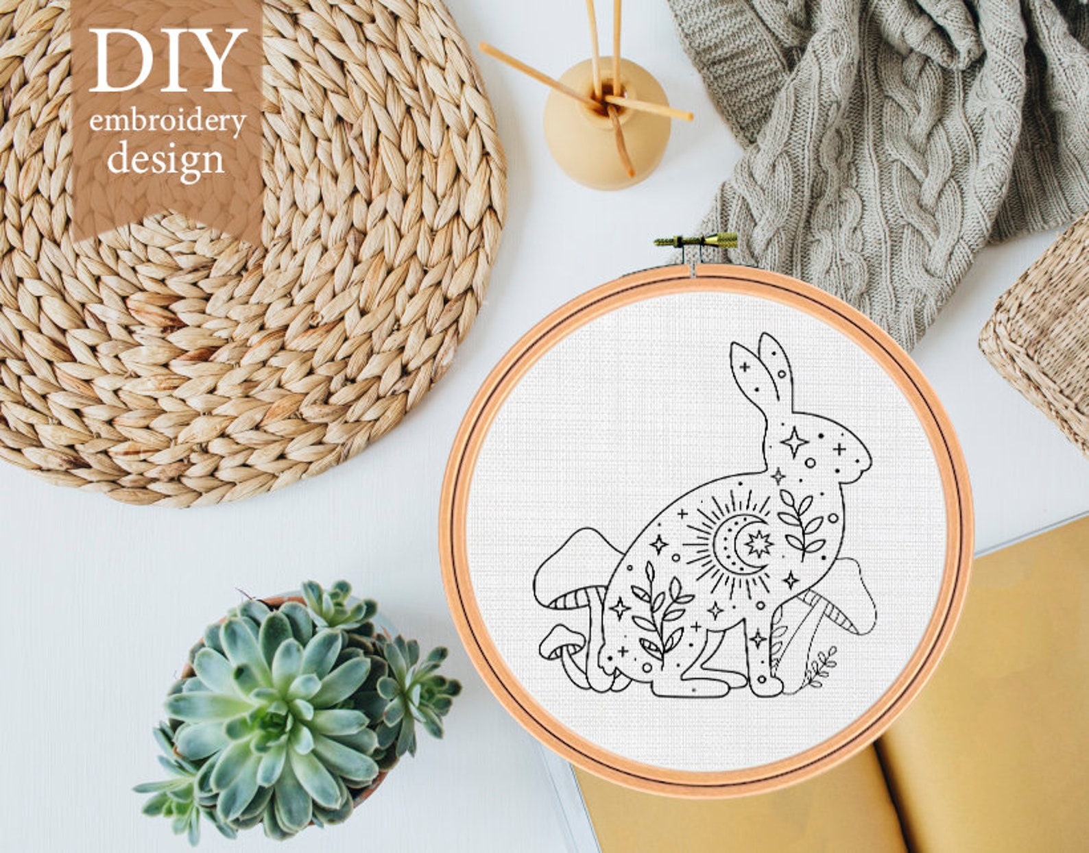 Rabbit Hand Embroidery Pattern Pdf Celestial Design | Etsy UK