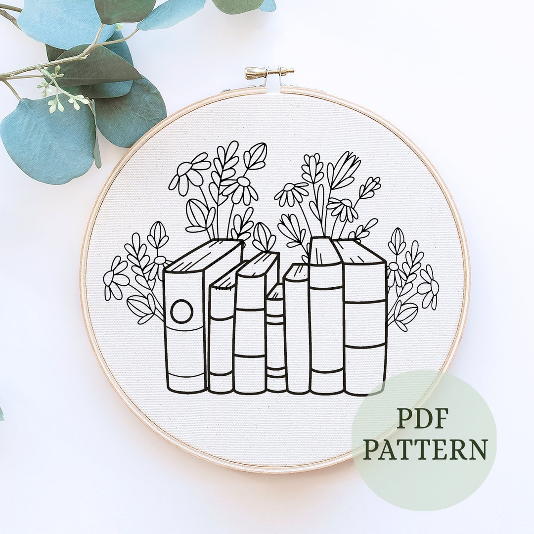 Floral Bookshelf Hand Embroidery Pattern: DIY Hoop Art, Modern Craft ...