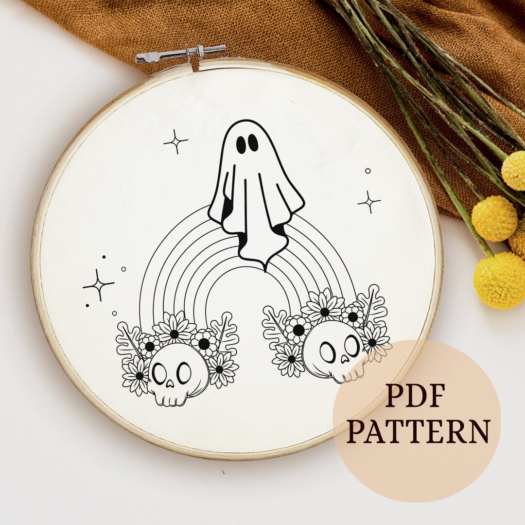 Rainbow With Ghost Embroidery Pattern, Floral Skull Embroidery Pattern ...