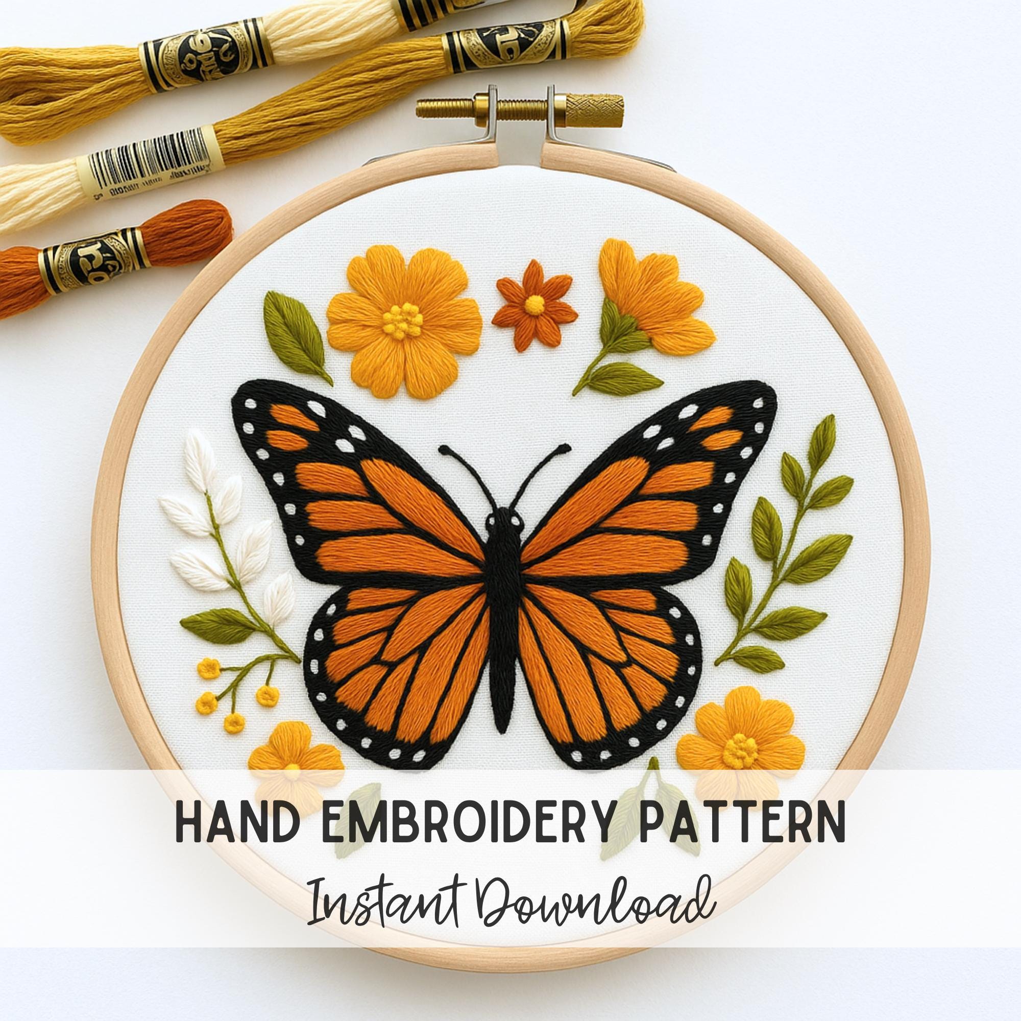 Monarch Butterfly Embroidery Pattern: Floral DIY Hoop Art (PDF Download ...