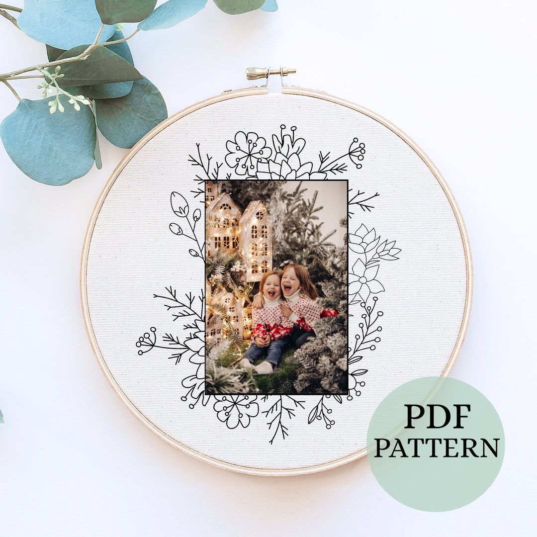 Christmas Photo Frame Embroidery Pattern, Floral Picture Frame Embroidery Design, Digital PDF ...