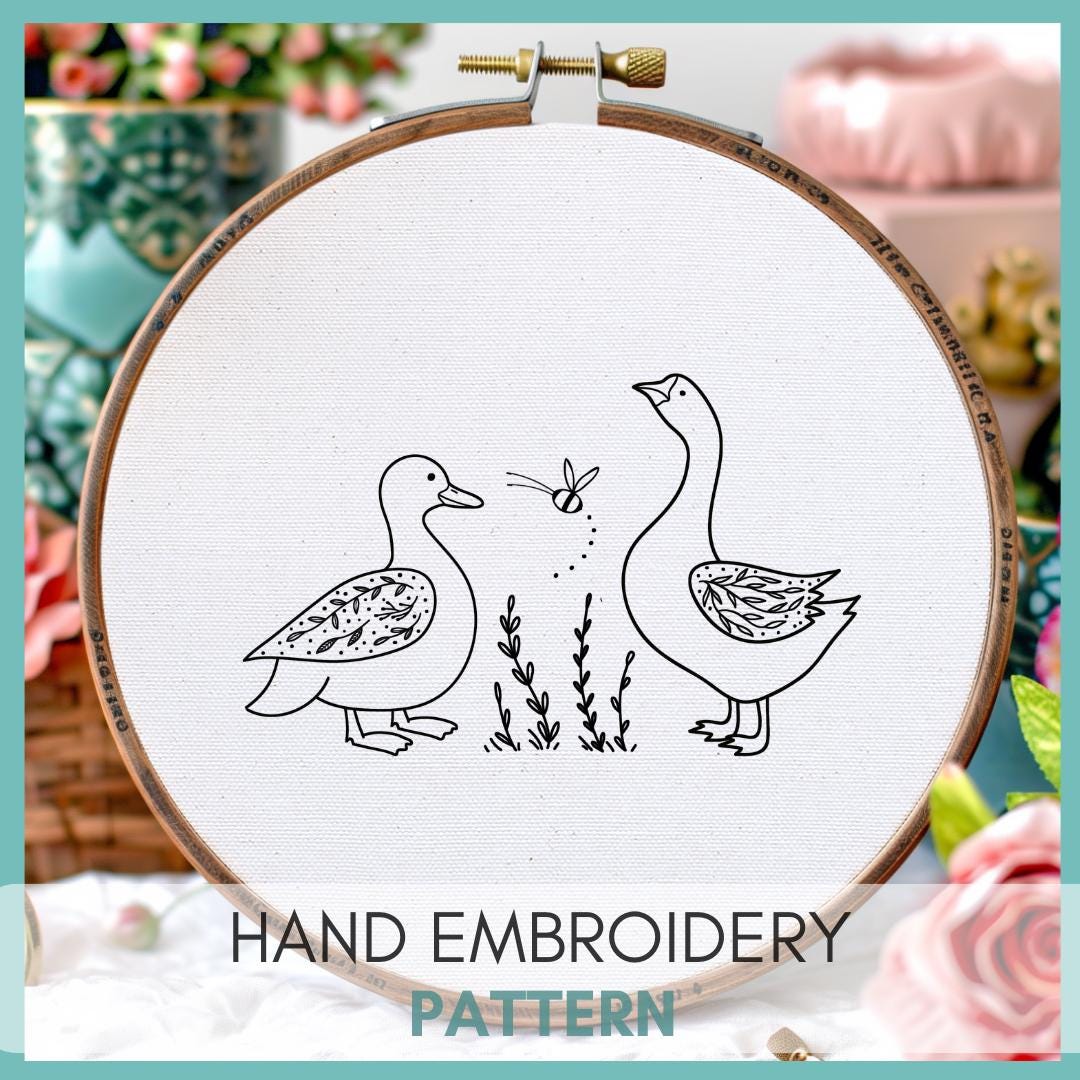 Cute Geese Pair Embroidery Template, Cottage Core Duckling Embroidery ...