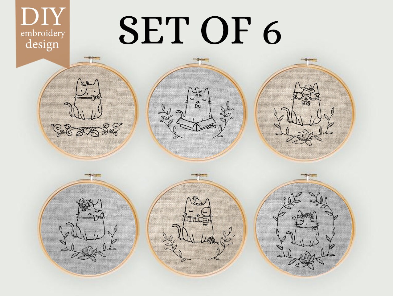 Set of 6 cat embroidery pattern beginner embroidery pattern | Etsy