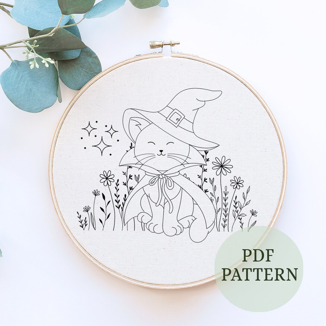 Black Cat Embroidery Pattern, Fall Pumpkin Wreath, Autumn Embroidery ...
