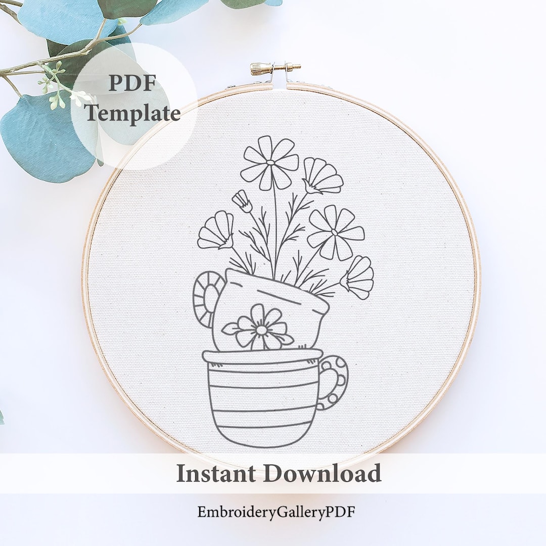 Floral Tea Cup Hand Embroidery Pattern: Boho Flowers (PDF Template) - Etsy