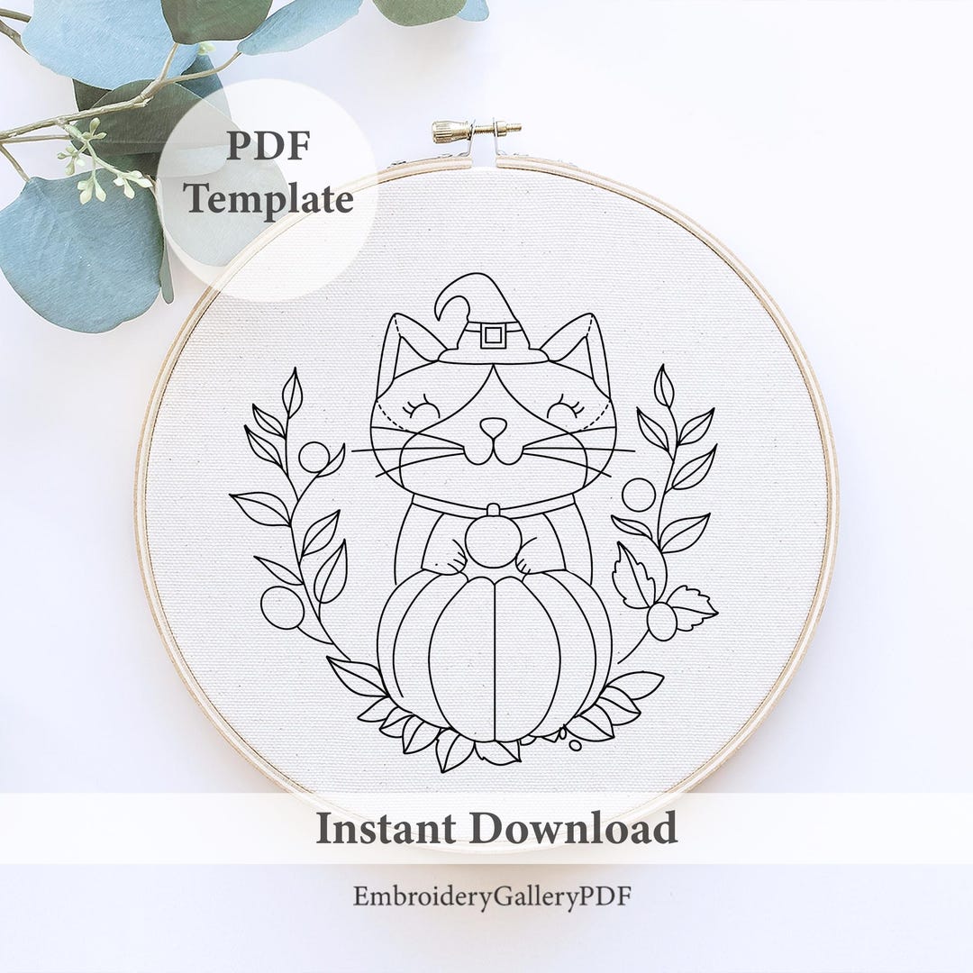 Autumn Cat & Pumpkin Embroidery Pattern: Fall Leaves Design (PDF ...