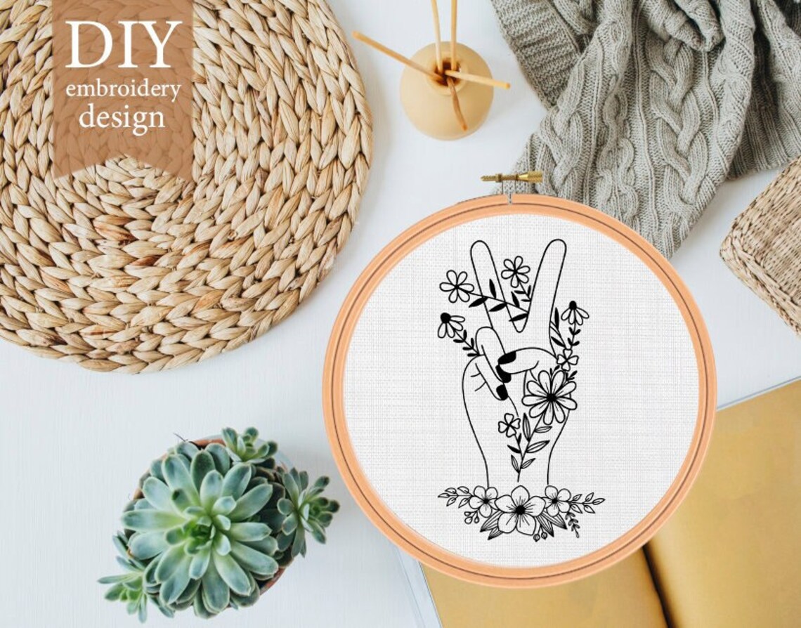 Peace Fingers Sign With Flowers Hand Embroidery Design One - Etsy