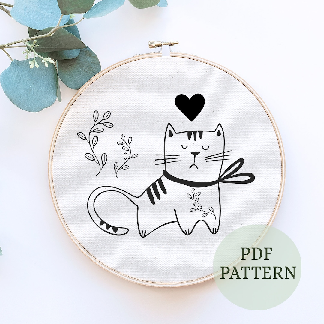 Easy Cat Embroidery Pattern, Simple Cat Embroidery Pattern, Cute Cat ...