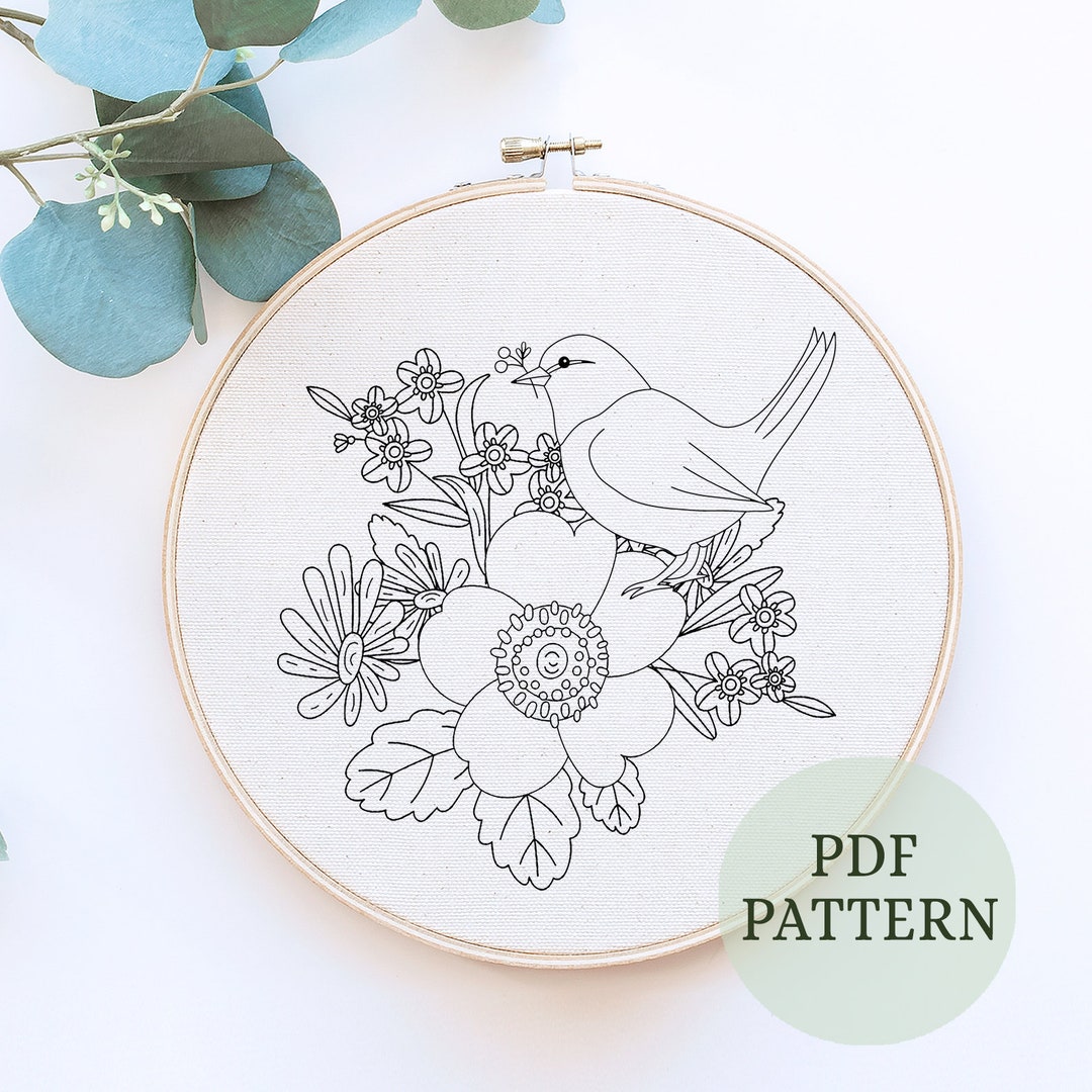 Bird Embroidery Pattern, Hand Embroidery Pattern in PDF, Floral Bird ...