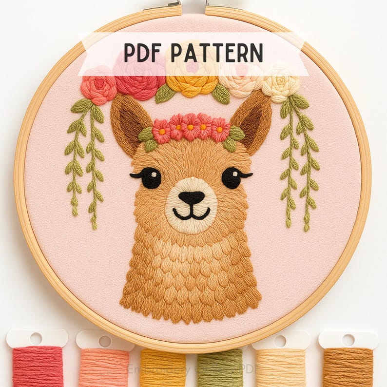 Pastel Llama Hand Embroidery Pattern: Spring Garden DIY Hoop Art (PDF ...