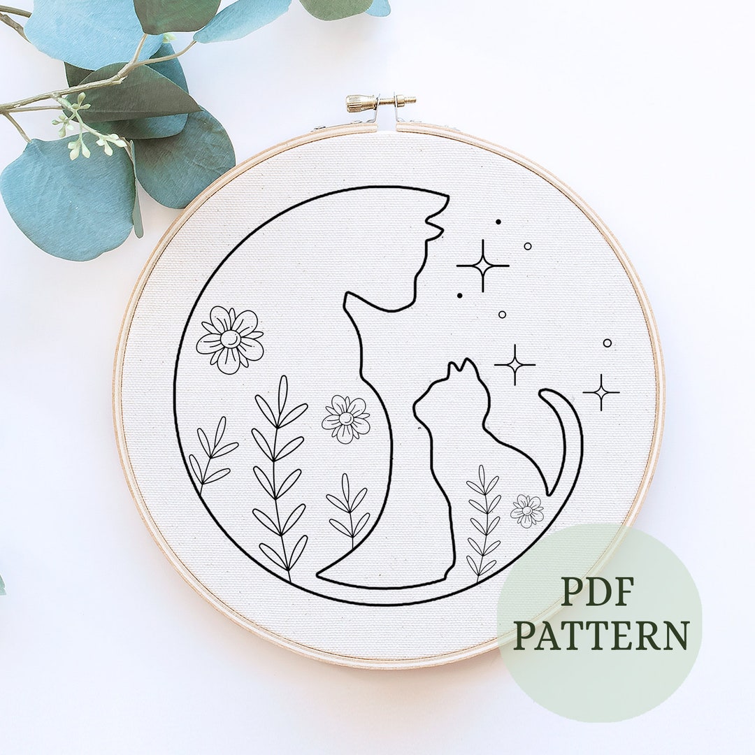 Cat Embroidery, Cat and Plants Embroidery, Hand Embroidery Pattern, Cat ...