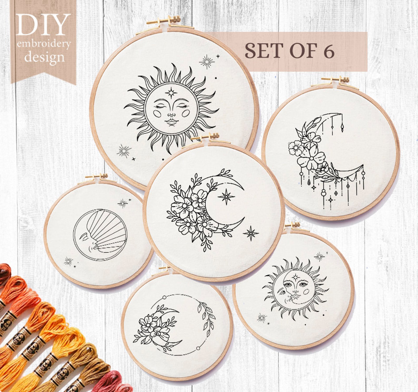 Set of 6 Digital PDF Patterns Crescent Moon With Flower Hand - Etsy