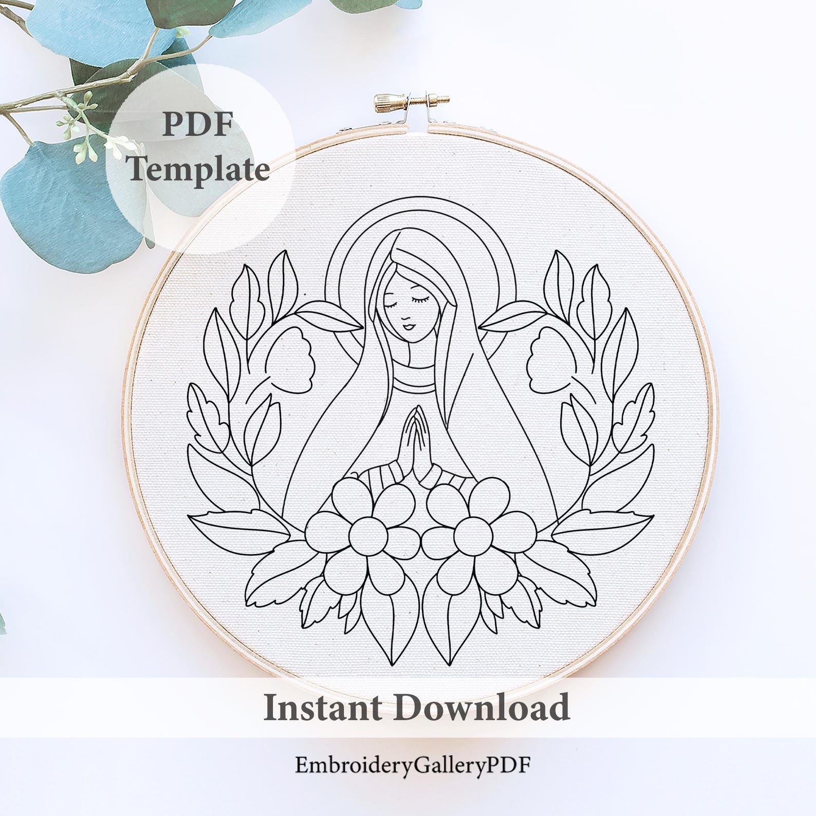 Virgin Mary Embroidery Pattern: Floral DIY Spiritual Art (PDF ...