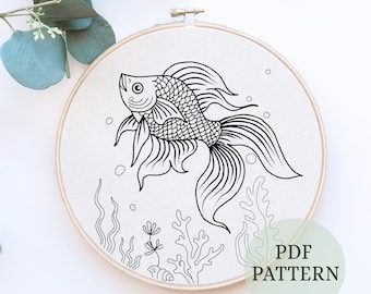 Colorful Fish Hand Embroidery Pattern, Into the Sea, PDF Embroidery ...