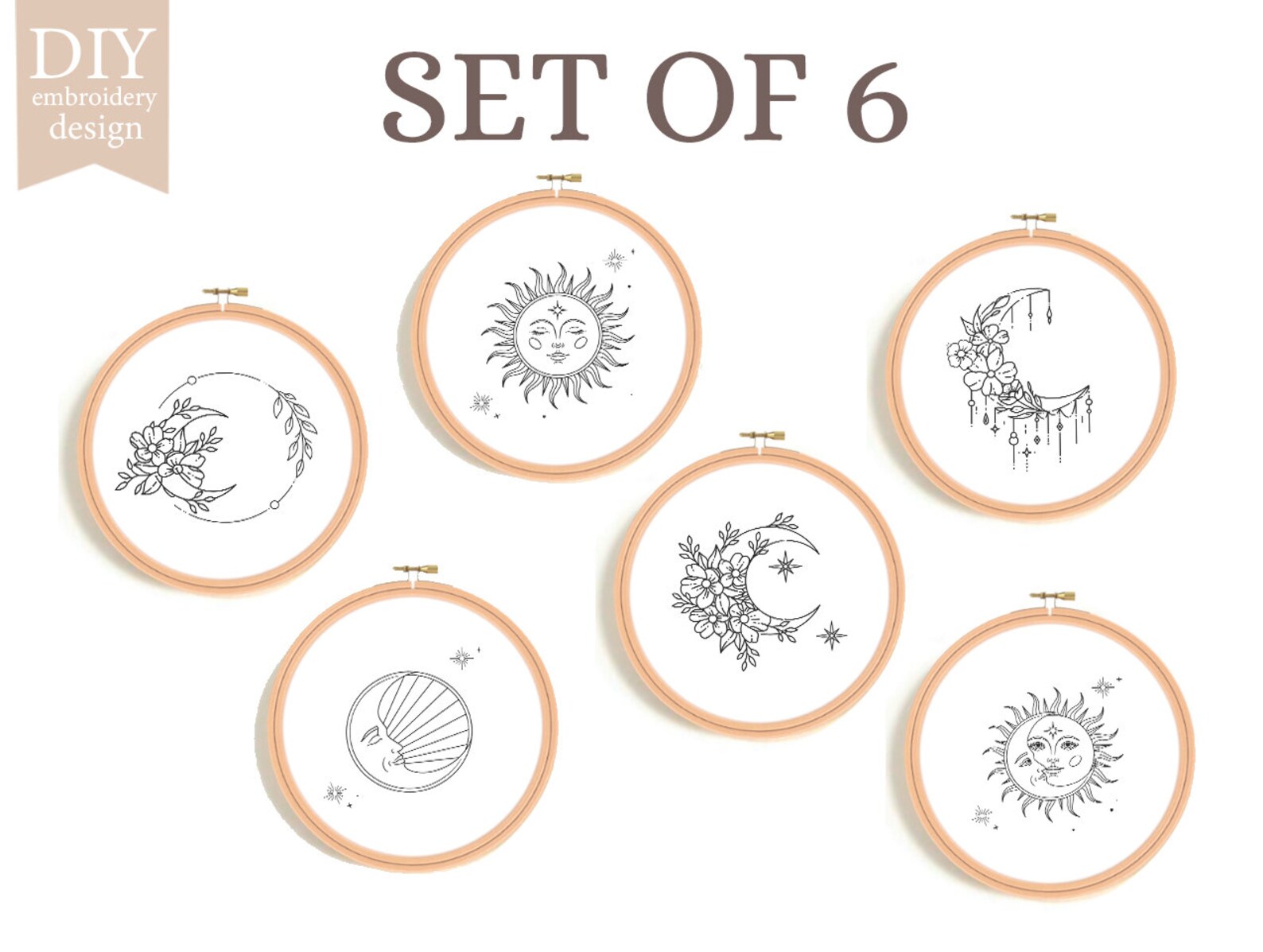 Set of 6 Digital PDF Patterns Crescent Moon With Flower Hand | Etsy