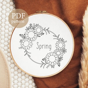 Sunflower Half Wreath Hand Embroidery Pattern: Spring DIY, Beginner ...