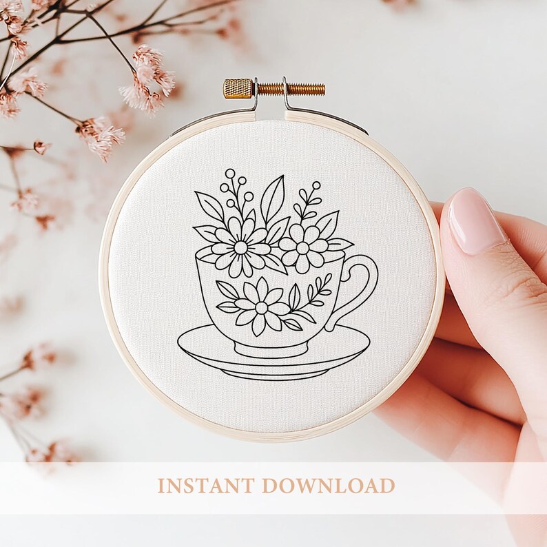 Floral Teacup Embroidery Pattern: Beginner Friendly Cottage Decor (PDF ...