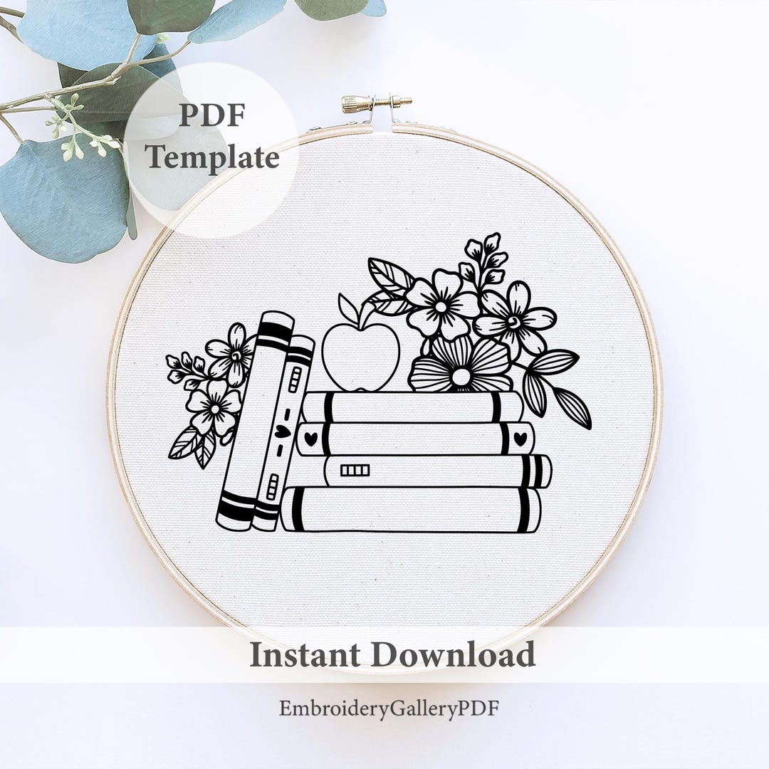 Books Embroidery Pattern, Book Lover Embroidery, Flower Books ...
