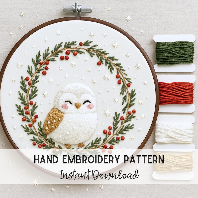 Night Owl Embroidery Pattern: Winter Wreath, Beginner Friendly ...