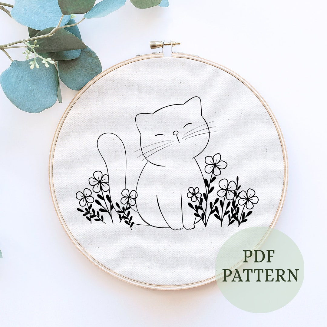 Floral Cat Embroidery , PDF Pattern, Cute Cat Embroidery, Cute ...