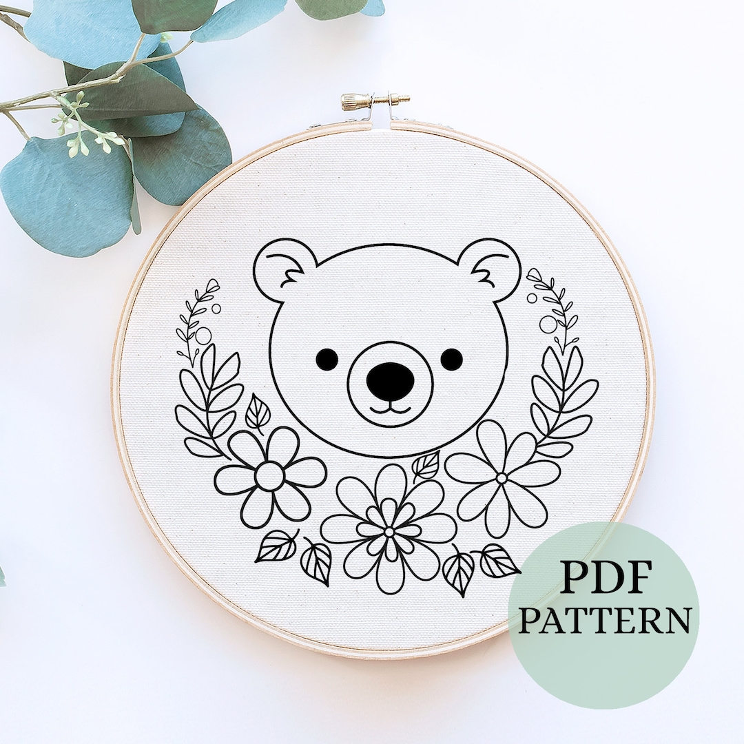 Teddy Bear Embroidery Pattern, Cute Bear Hand Embroidery Pattern, Kids ...