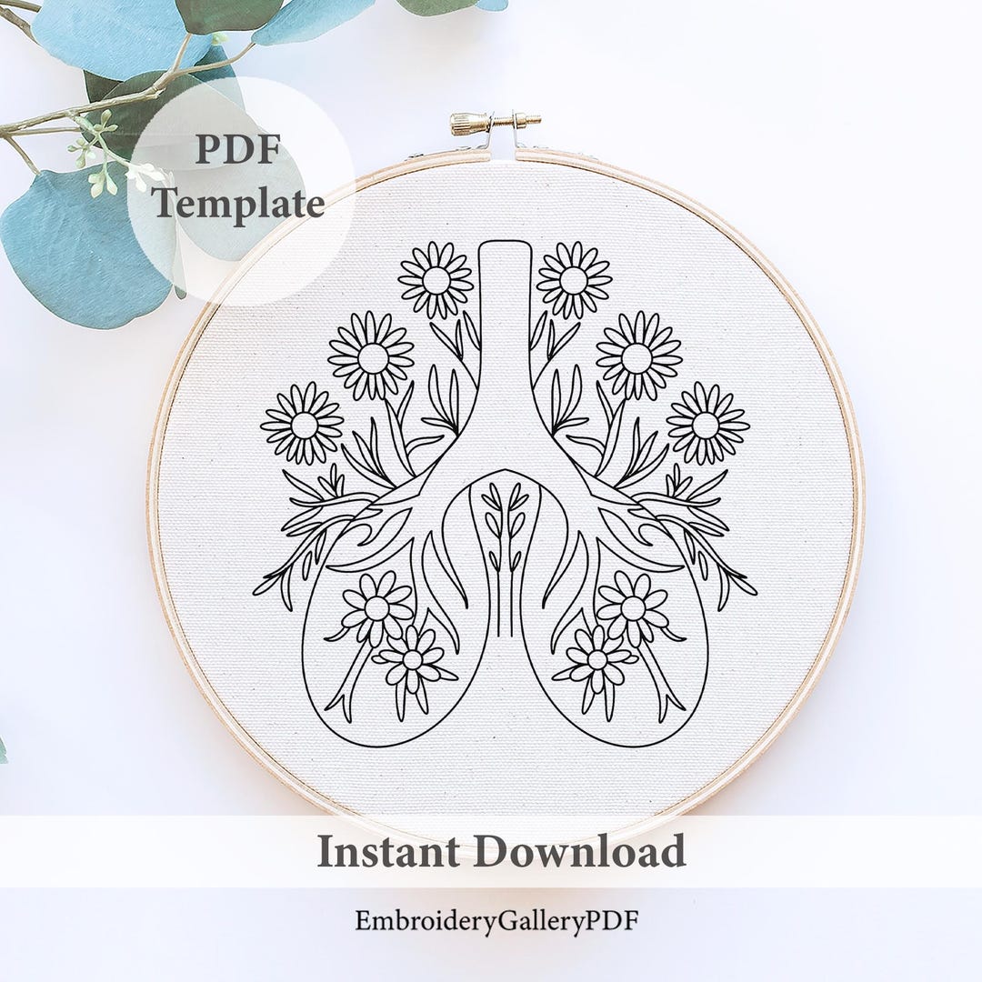 Hand Embroidery, Floral Lungs, Anatomical Lungs Embroidery Design ...