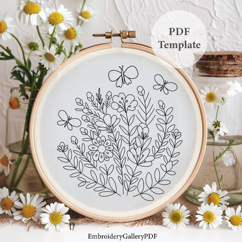 Floral Meadow Embroidery Pattern: Botanical Butterfly Design (digital ...