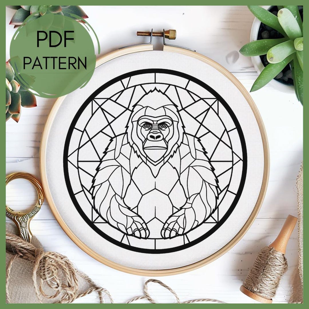 Gorilla Hand Embroidery Pattern, Stained Glass Style, Animal Design ...