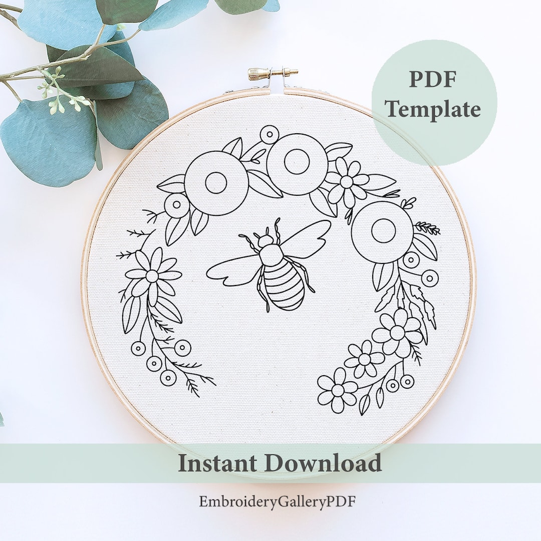 Honey Bee Garden Embroidery Pattern, Easy for Beginners, Spring Wreath ...