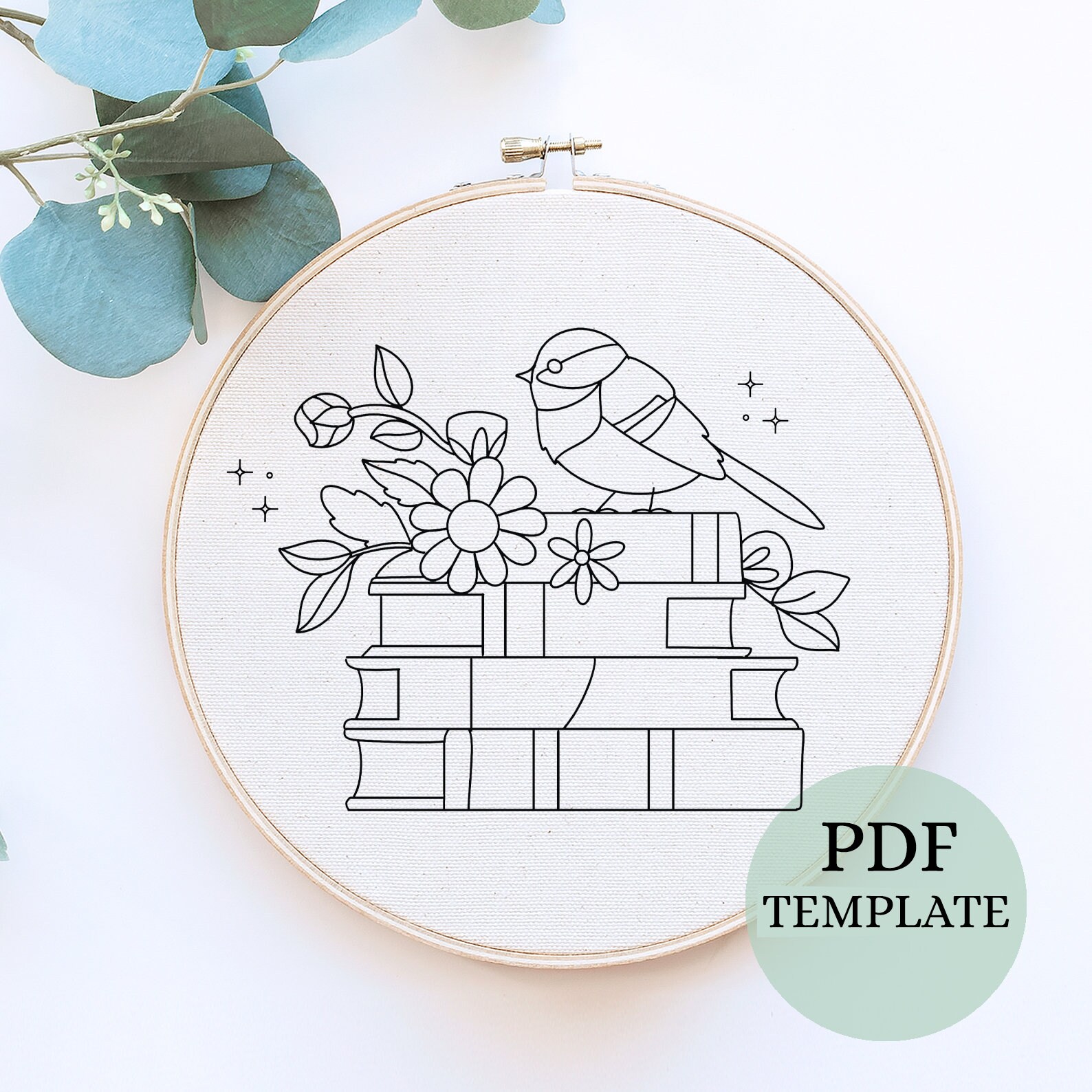 Books With Flowers Embroidery Pattern: Bird on Books (PDF Download) - Etsy