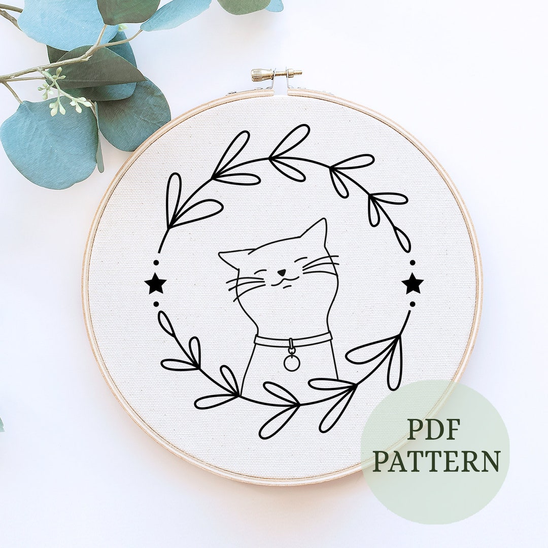 Cat Embroidery Pattern: Floral Wreath Design (PDF Pattern) - Etsy
