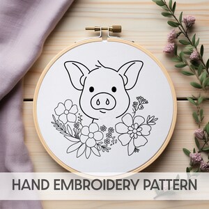 Pig Flowers Embroidery Pattern, Cute Pig Embroidery, Cute Piggy Pattern ...