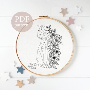 Geometric Cat Embroidery, Easy Cat Embroidery Pattern PDF, Cute Cat ...